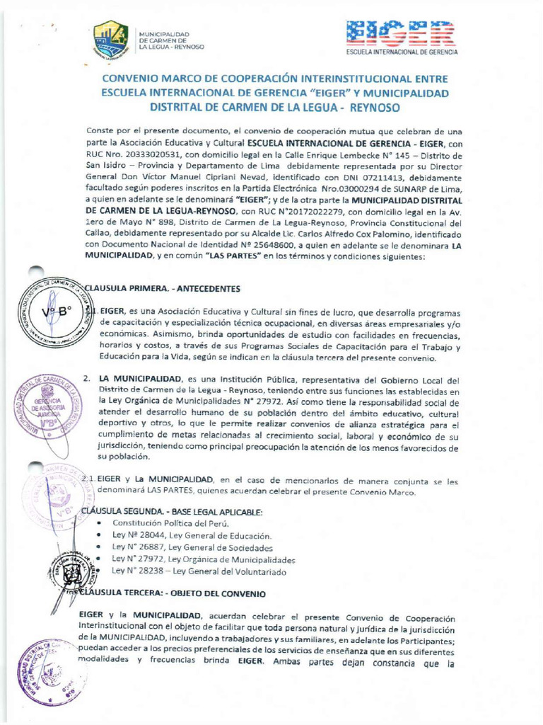 Convenio Marco de Cooperacion Interinstitucional Entre EIGER y La MDCLR | PDF