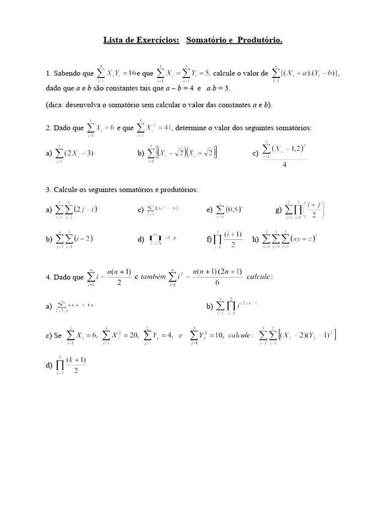 Lista de Exercícios Somatorio e Produtorio | PDF