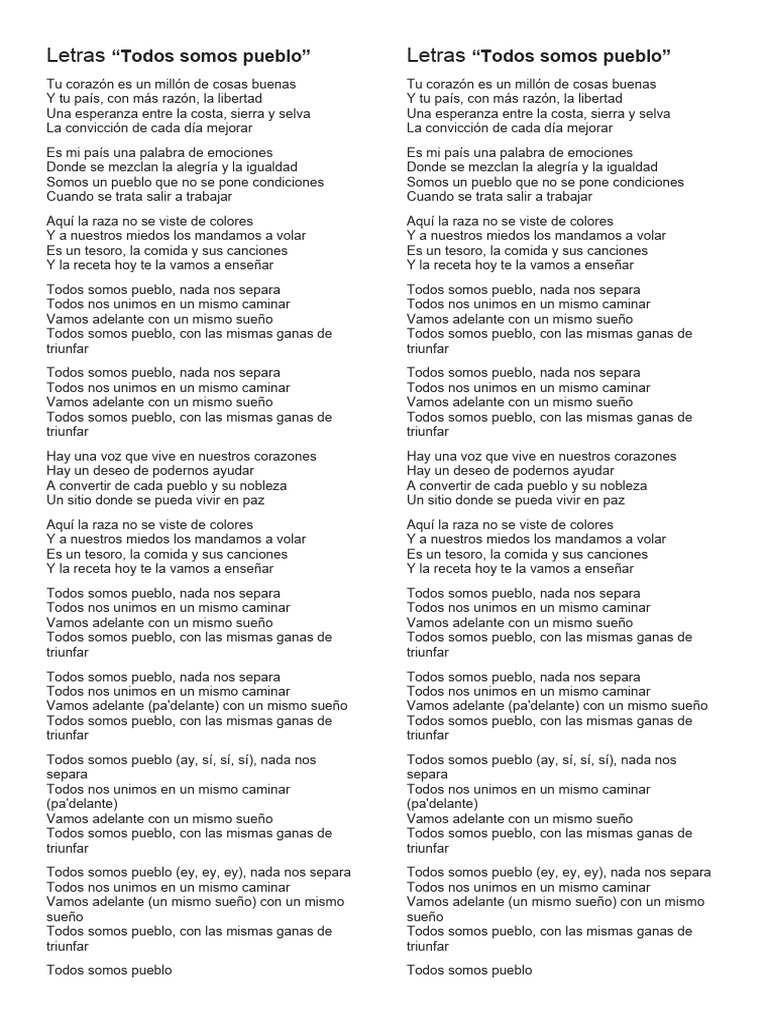 Letra de Todos Somos Pueblos | PDF