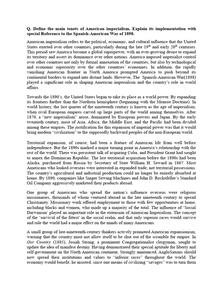 'American Imperialism and Spanish American War', USA Ans | PDF ...