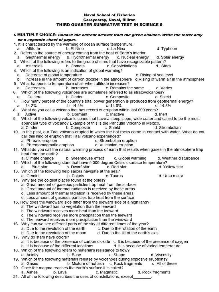 Science 9 Summative Test Questions | PDF | Volcano | Types Of Volcanic ...