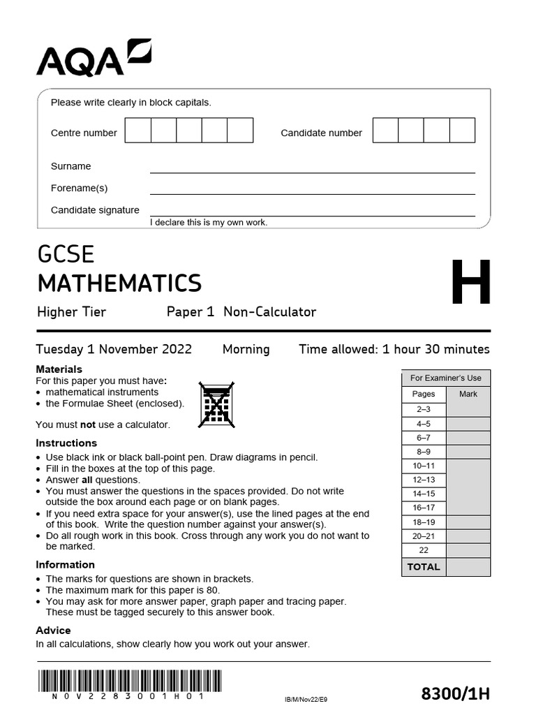 AQA GCSE Maths Higher Paper 1 November 2022 | PDF | Mathematics AQA GCSE Maths Higher Paper 1 November 2022 | PDF | Mathematics