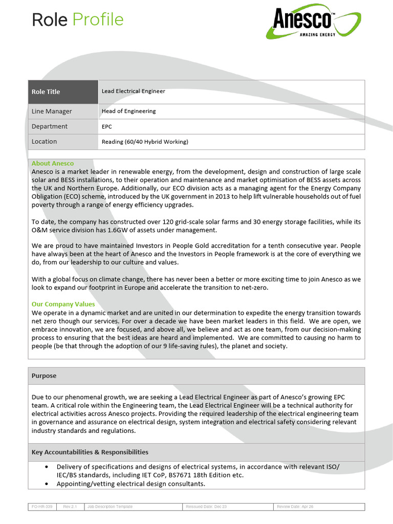 Lead Electrical Engineer Role Overview | PDF | Renewable Energy