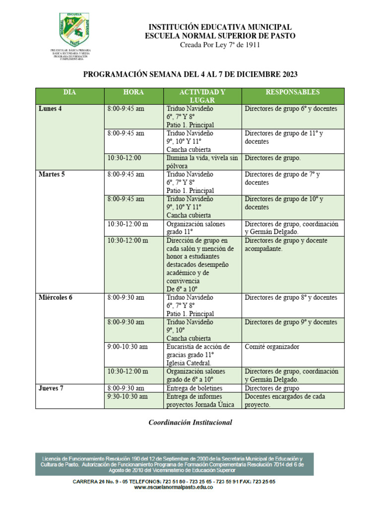 Programación Semana Del 4 Al 7 de Dicciembre 2023 | PDF | Etapas educativas