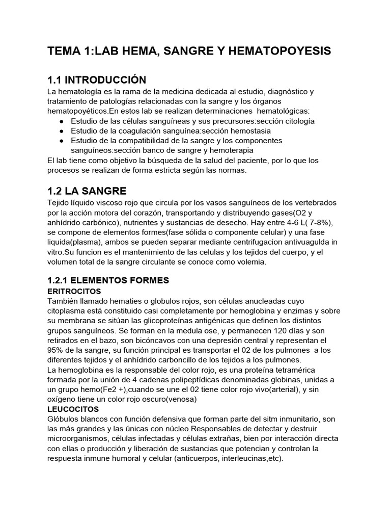 TEMA 1_LAB DE HEMA, SANGRE Y HEMATOPOYESIS | PDF | Sangre | Leucocito