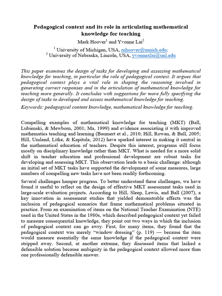 Mark Hoover Yvonne Lai Pedagogical Context and Its Role in Articulating Mathematical Knowledge ...