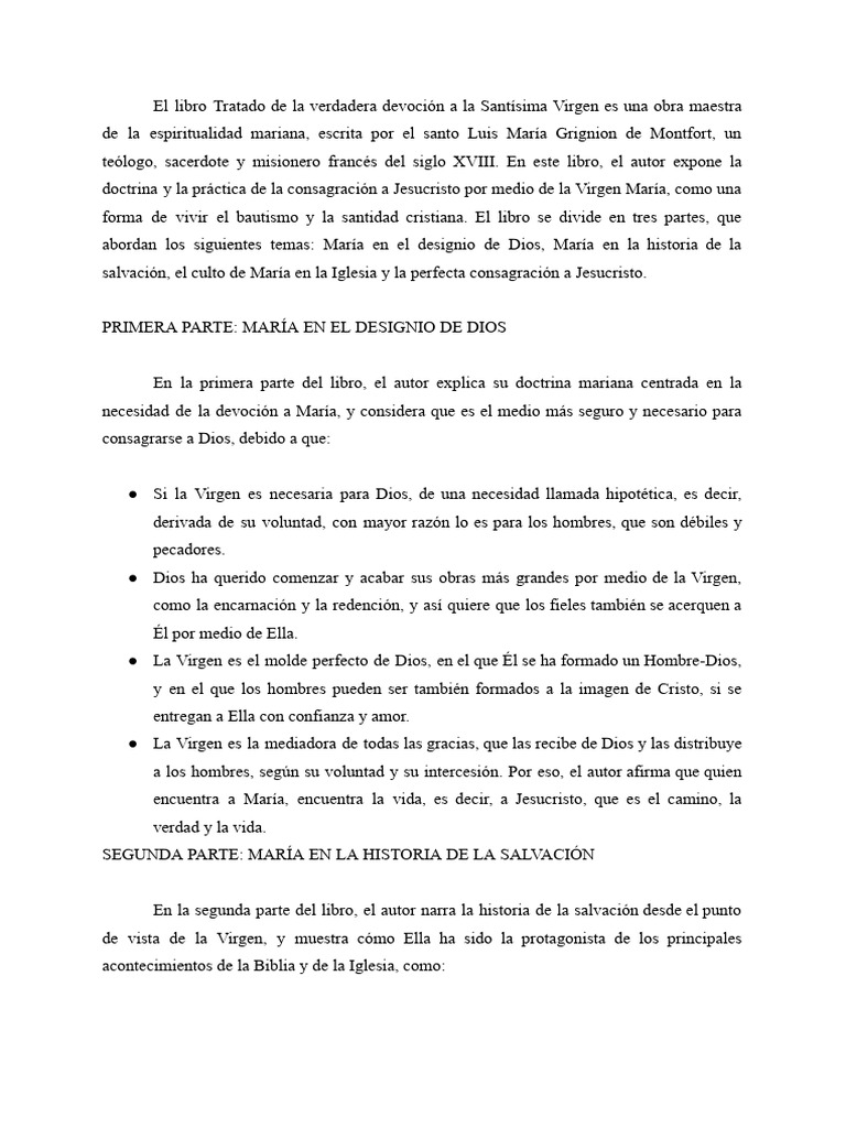 Resumen Del Tratado de La Verdadera Devoción A La Santísima Virgen María. | PDF | María, madre ...