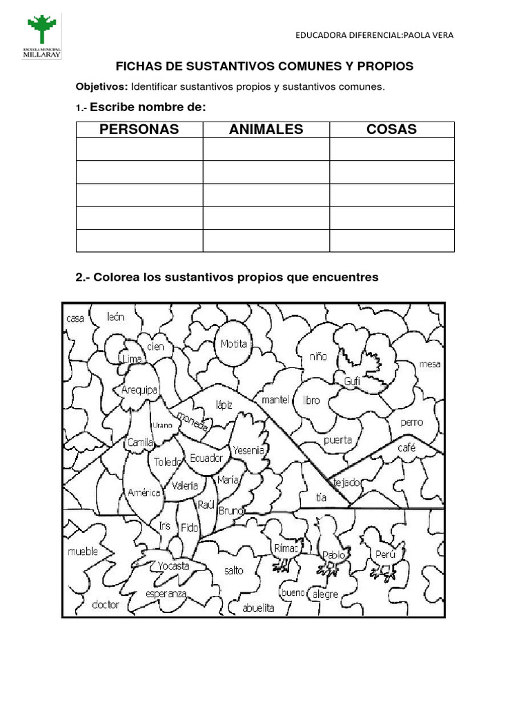 FICHAS DE SUSTANTIVOS COMUNES Y PROPIOS 2°básicos | PDF | Lingüística