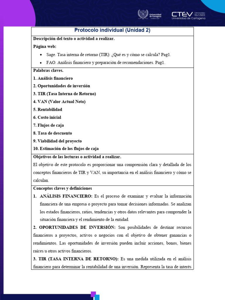 Protocolo Individual Finanzas U4 | PDF | Tasa interna de retorno | Flujo de caja descontado