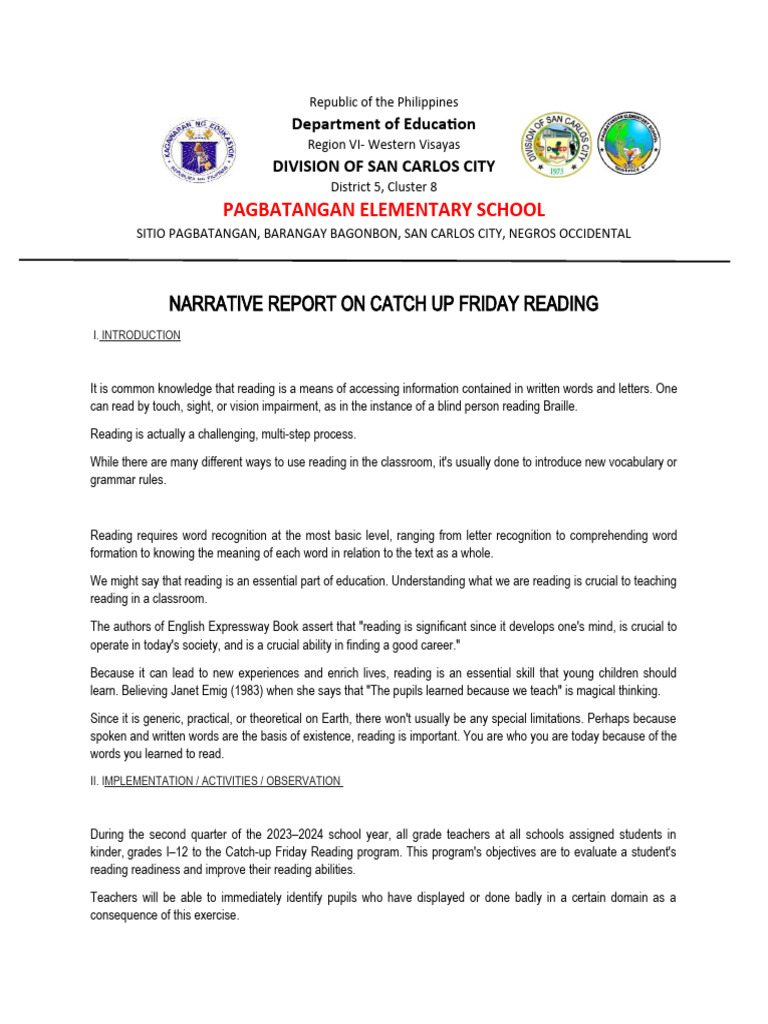 Narrative Report On Catch Up Friday Reading | PDF | Teachers ...
