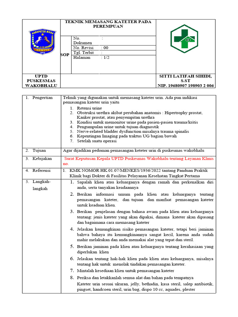 SOP Pemasangan Kateter Urin Pada Perempuan | PDF