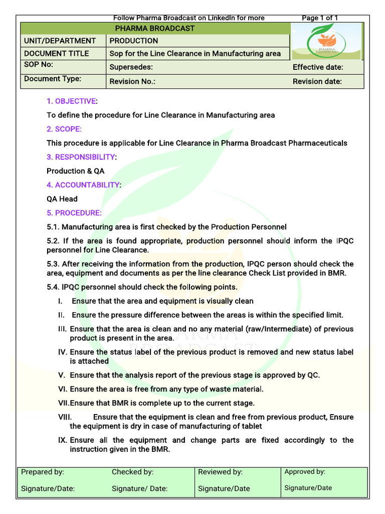 SOP For Line Clearance of Production Area | PDF | Technology & Engineering