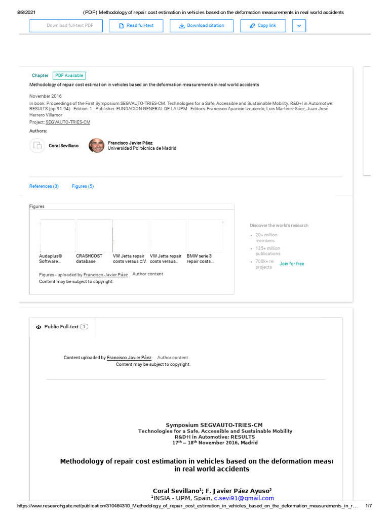 Pdf Methodology Of Repair Cost Estimation In Vehicles Based On The Deformation Measurements In