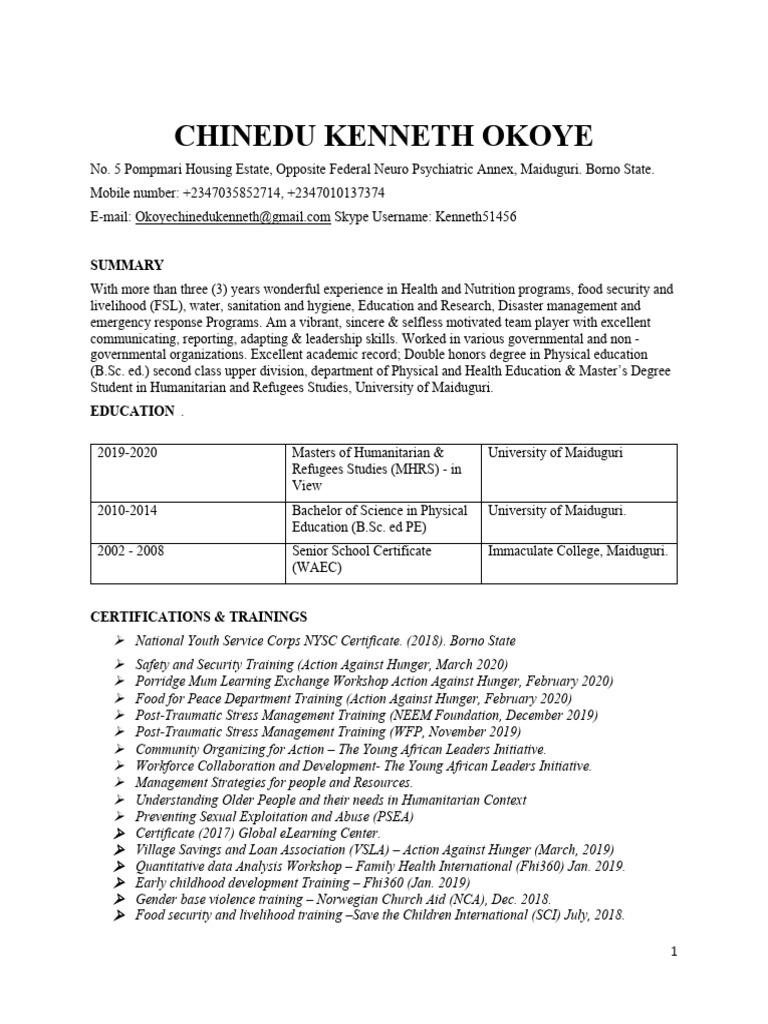 Chinedu Kenenth Okoye Application CV | PDF | Malnutrition | Information