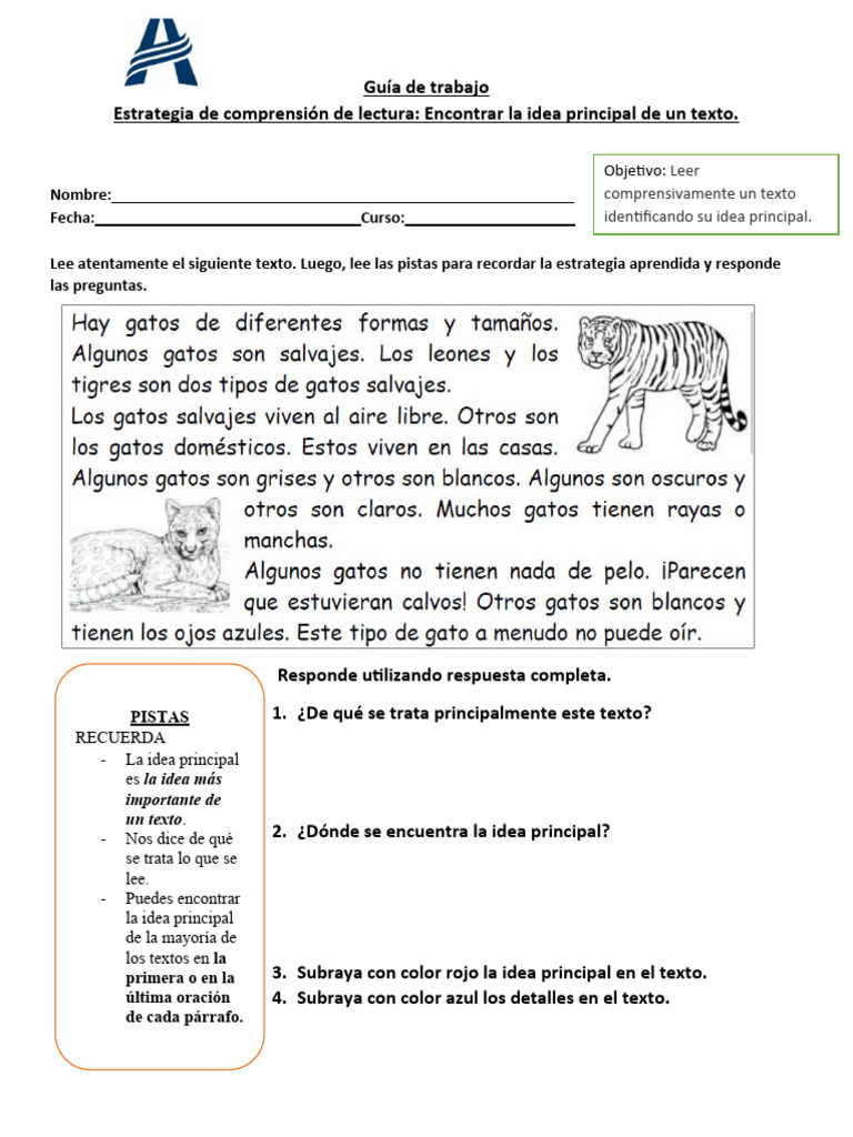 Comprensión Lectora: Idea Principal 4° Básico | PDF