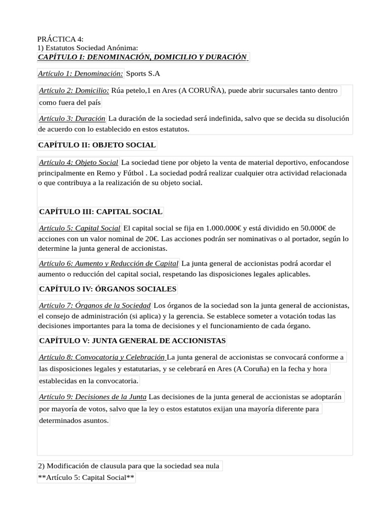 Estatutos de Sports S.A: Capital y Estructura | PDF | Derecho | Hogar ...