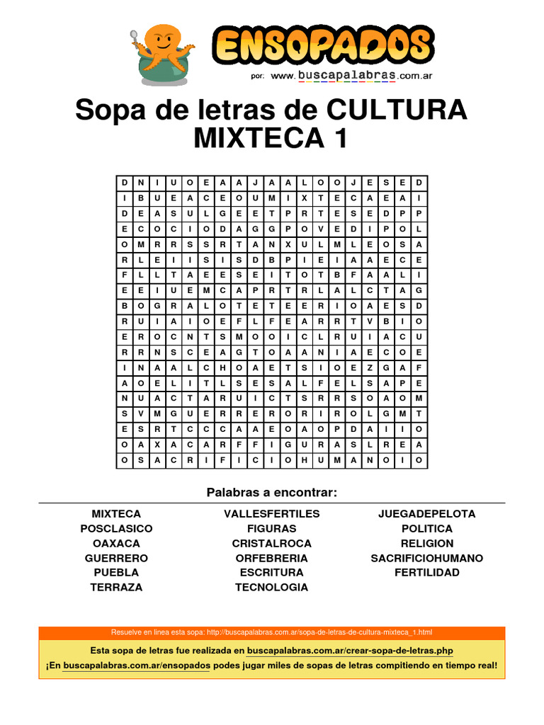 Sopa de Letras de Cultura Mixteca - 1 | PDF | Mesoamérica