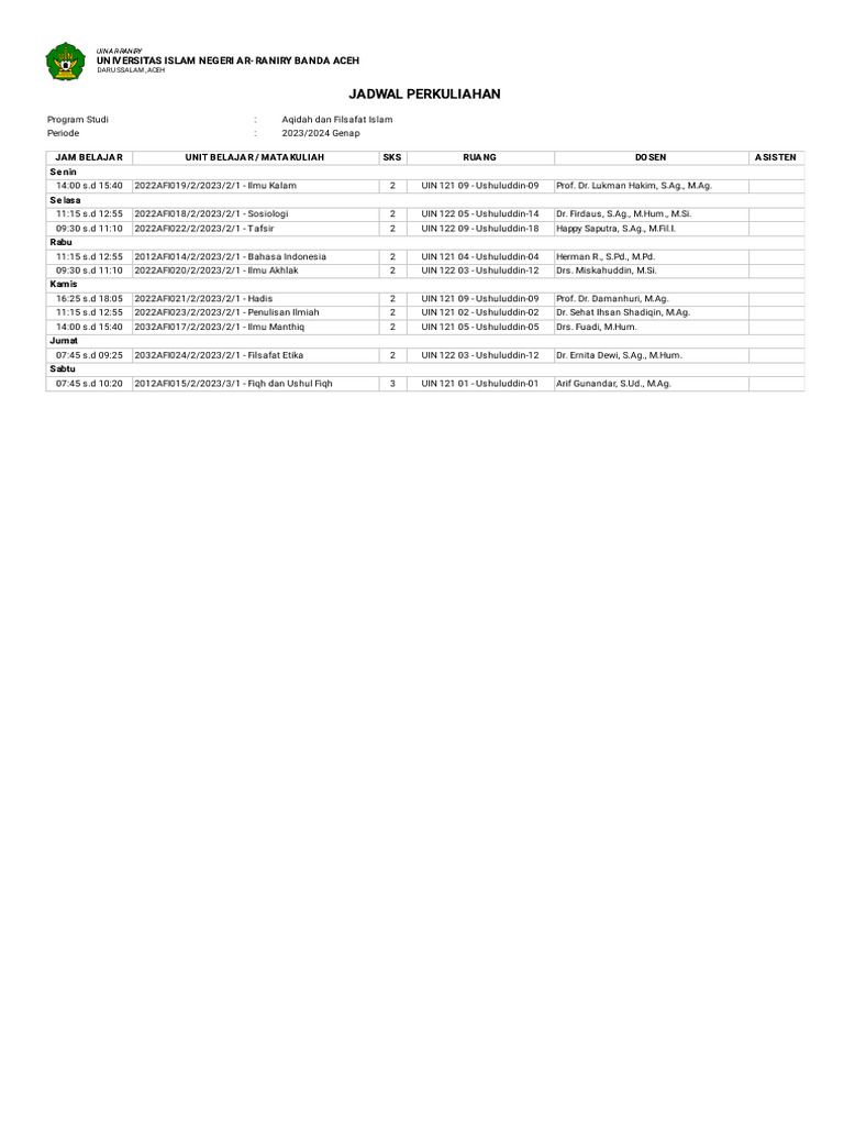 Roster Jadwal Perkuliahan | PDF | Teknologi & Rekayasa