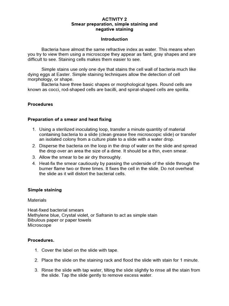 Smear Preparation and Simple Staining Guide | PDF | Staining | Bacteria