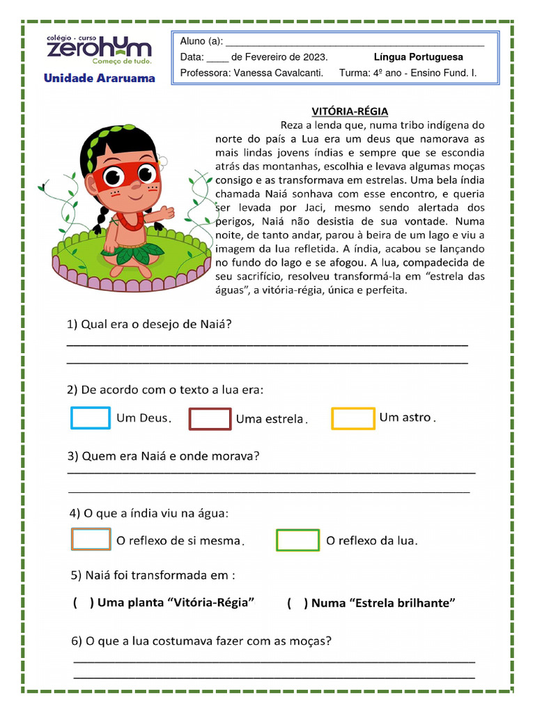 Versão Da LENDA VITÓRIA-RÉGIA para 4º Ano. | PDF