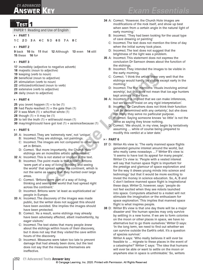 C1 Exam Answer Key | PDF | Verb | Adjective
