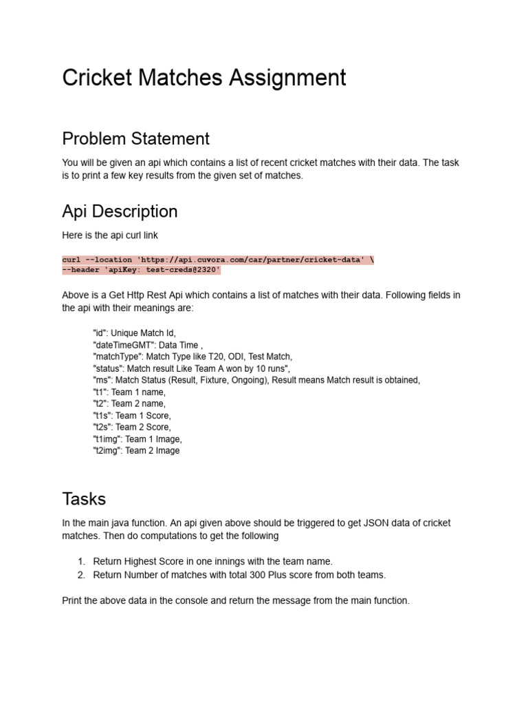 Cricket Matches Assignment | PDF