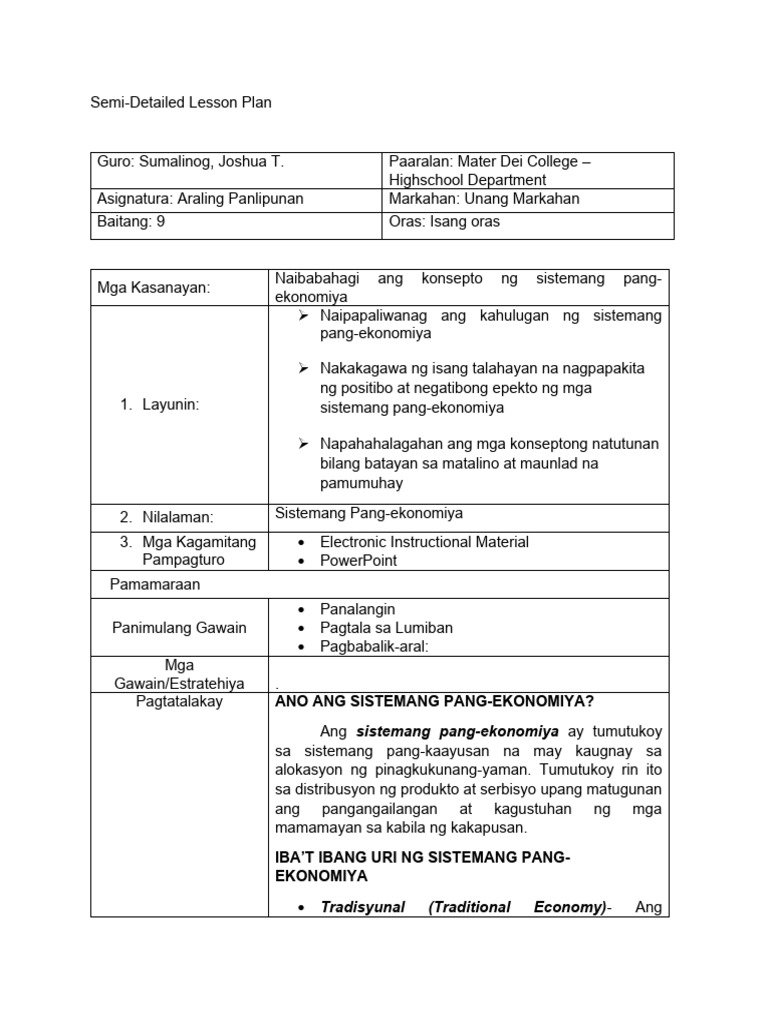 LESSON PLAN 1 Sistemang Pang Ekonomiya | PDF