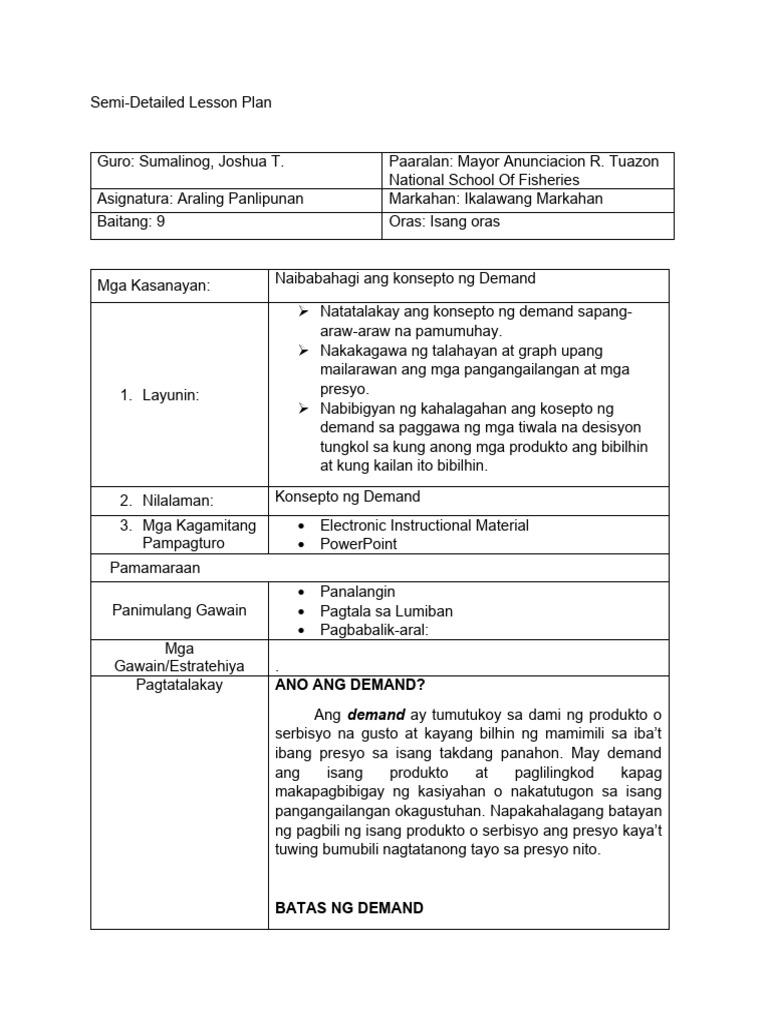 LESSON PLAN 3 Consepto NG Demand | PDF