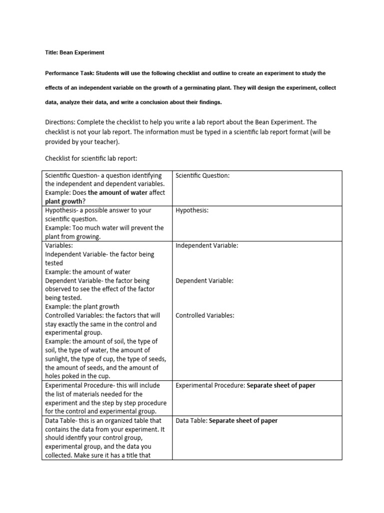 Bean Experiment Outline Assignment | PDF | Experiment | Hypothesis