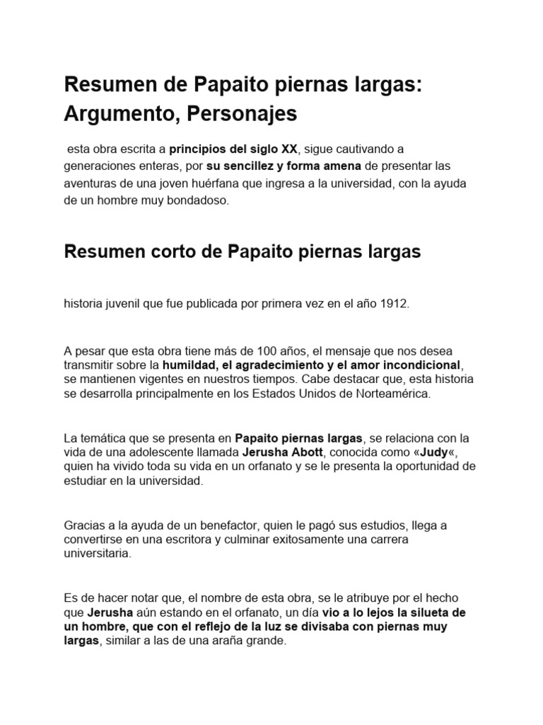 Resumen de Papaito Piernas Largas - Argumento, Personajes | PDF