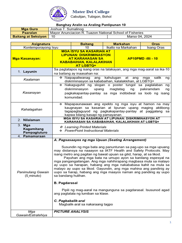 LESSON-PLAN-9 - Mga Isyu Sa Kasarian at Lipunan | PDF