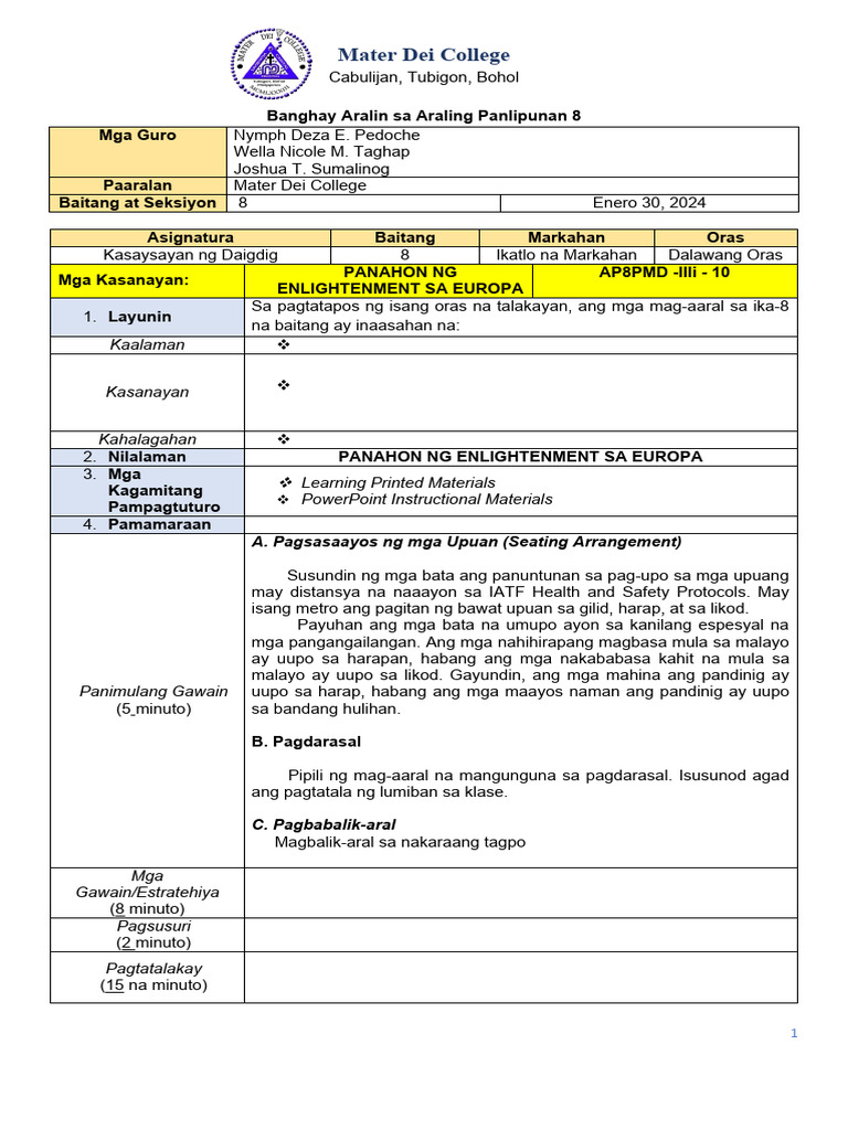 LESSON-PLAN-7 - Enlightenment Sa Europa | PDF