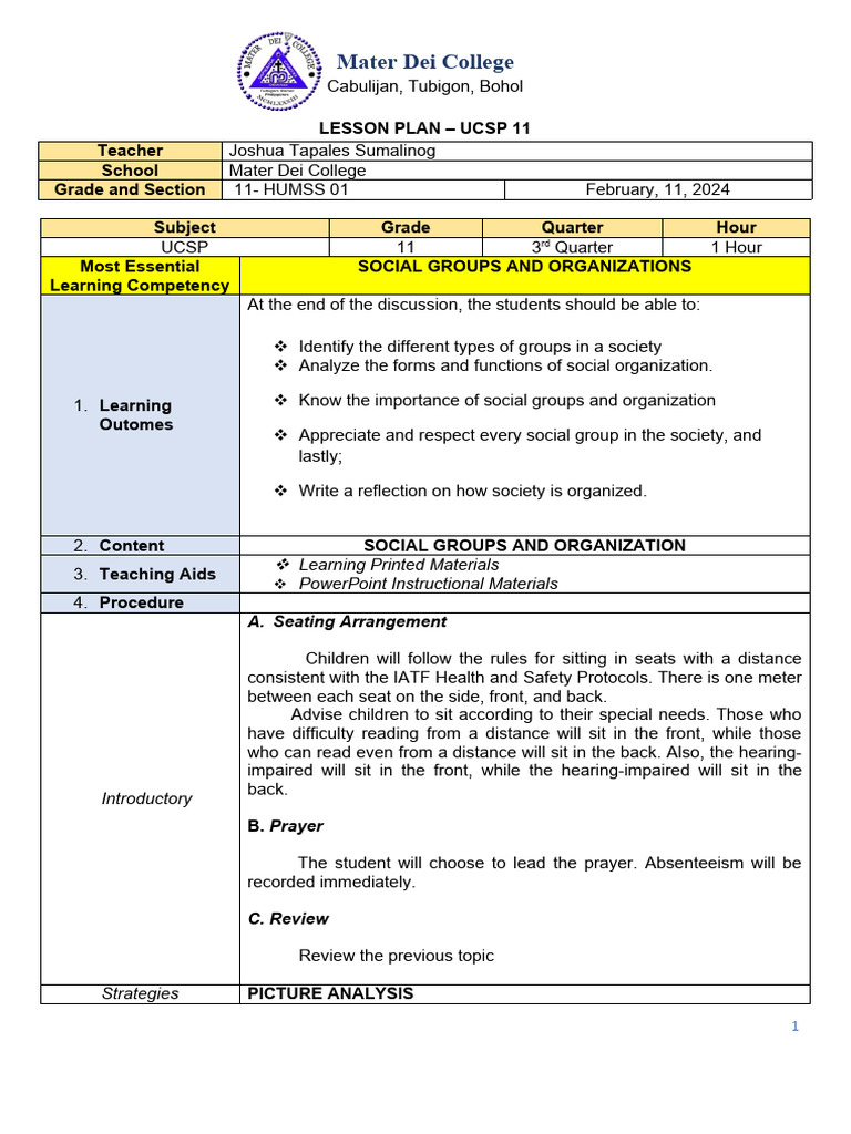 UCSP 11 Lesson Plan: Social Groups | PDF | Psychology | Behavioural ...