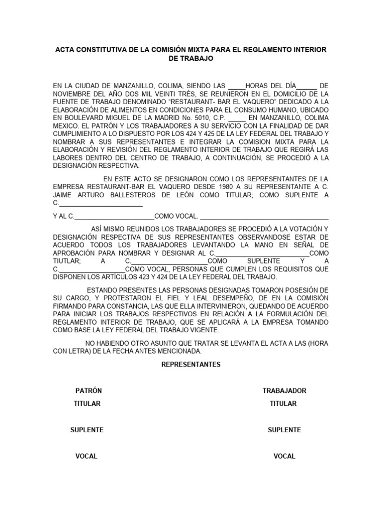 Acta Constitutiva de La Comisión Mixta para El Reglamento Interior de Trabajo | PDF | Gobierno