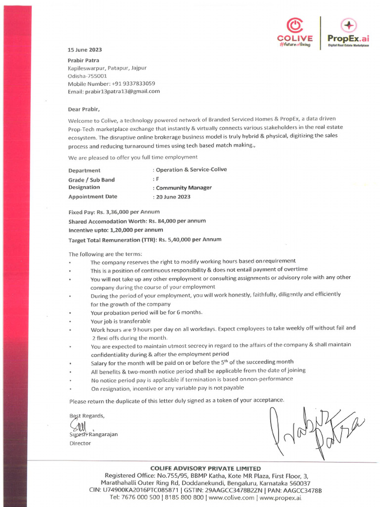 Prabir Patra Offer Letter | PDF