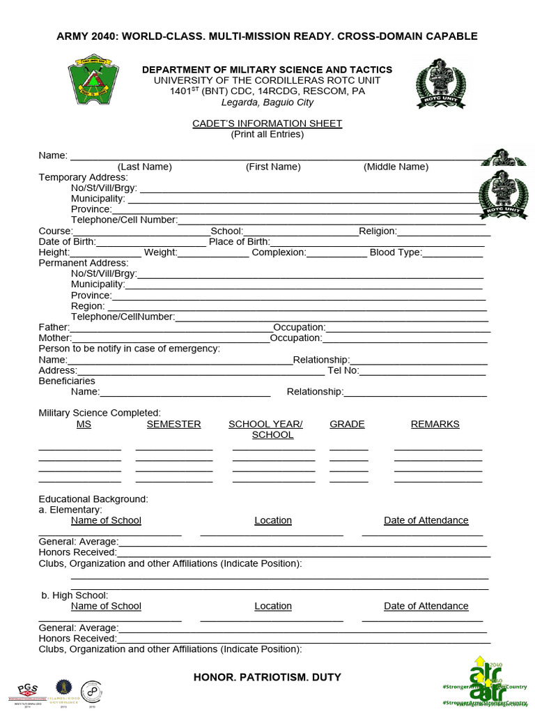 Cadet Information Sheet | PDF | Reserve Officers' Training Corps ...