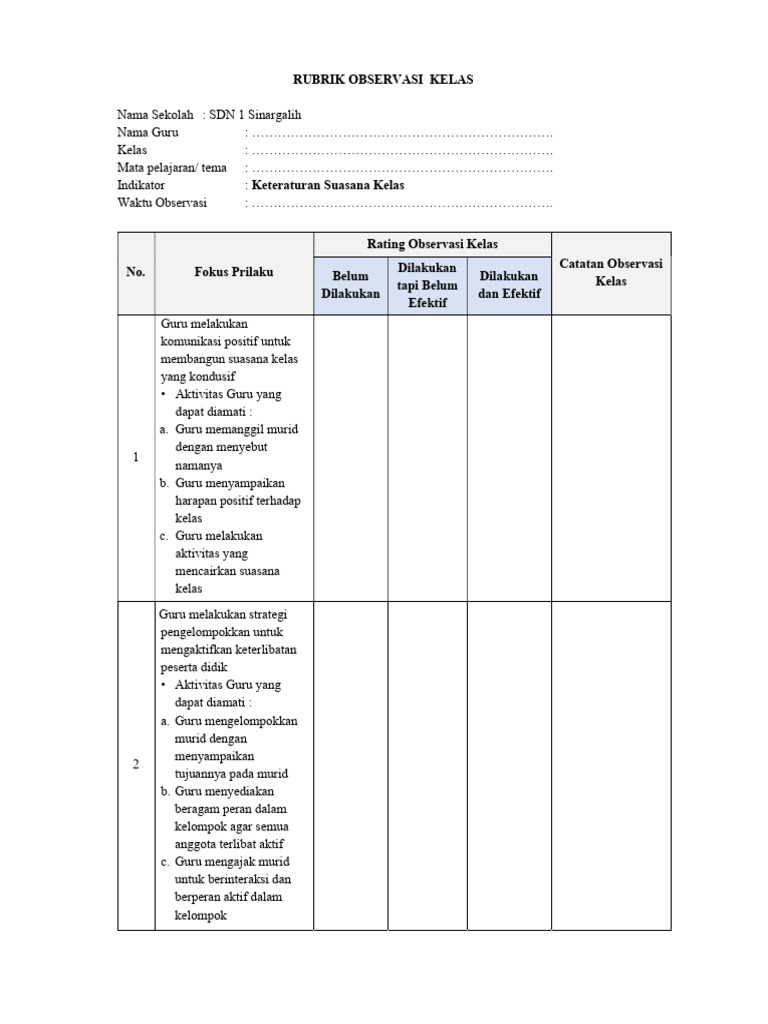 Lembar Instrumen Observasi Kelas | PDF