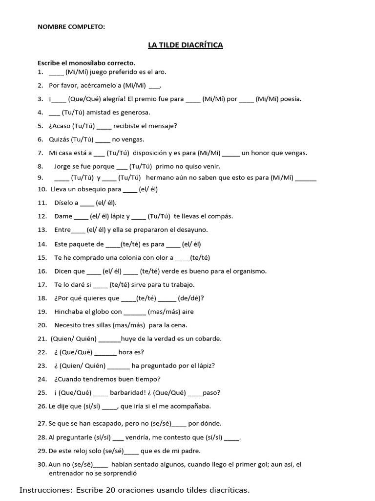 Ejercicios de Tildes Diacríticas | PDF | Hogar, jardinería y bricolaje