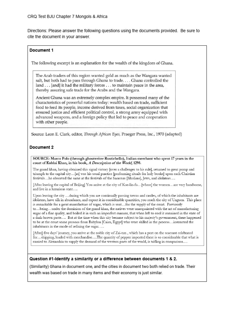 Yes - CRQ Test BJU Chapter 7 Mongols & Africa 2024 | PDF | Mongol ...