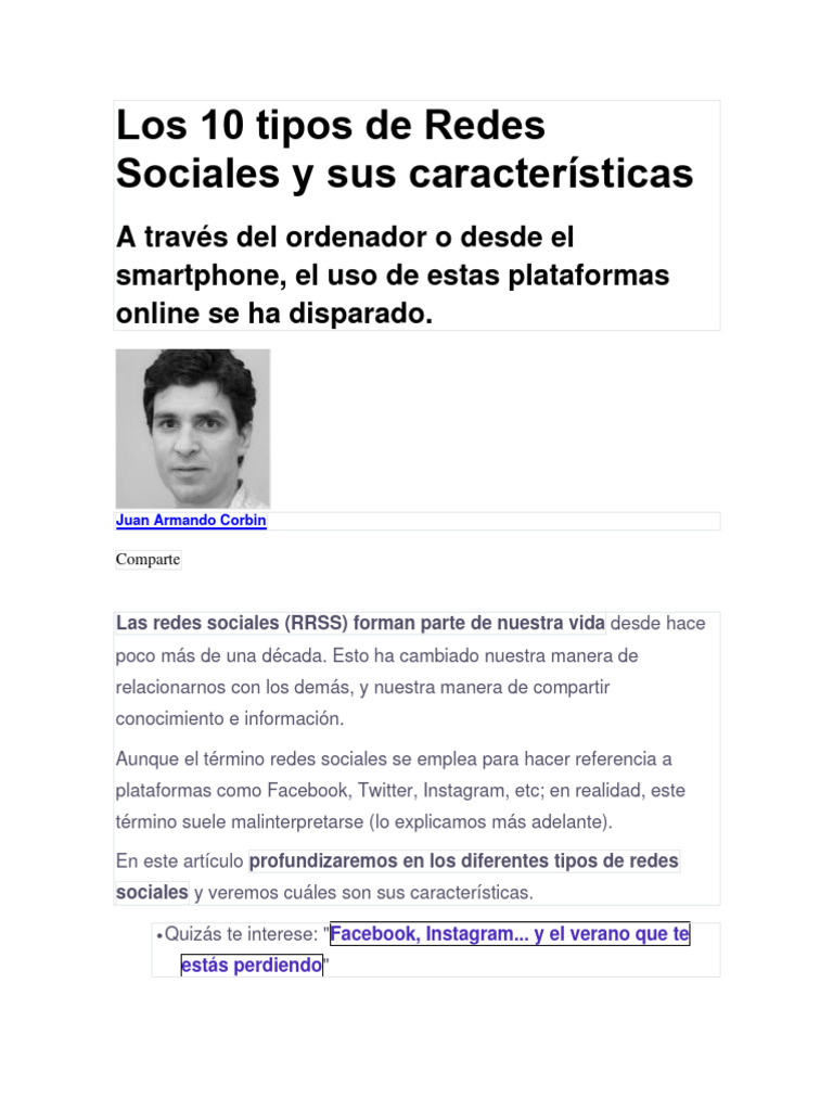 Los 10 Tipos de Redes Sociales y Sus Características | PDF | Blog | Redes sociales