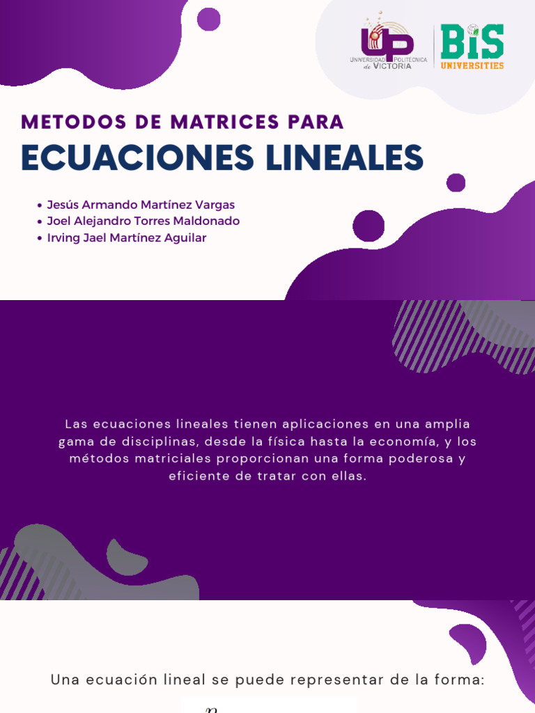 (Presentacion) METODOS DE MATRICES PARA ECUACIONES LINEALES | PDF | Ecuaciones | Matriz ...