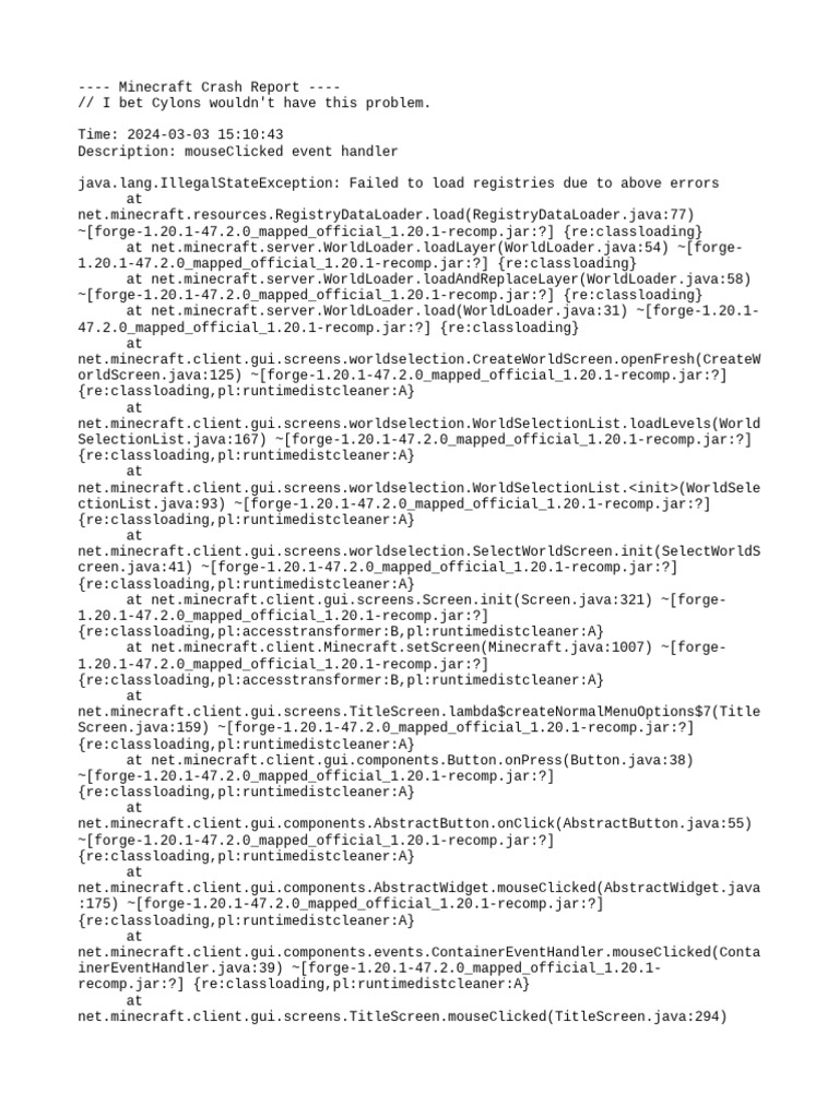 Minecraft Crash Report: Registry Load Error | PDF | Computing | Computer Architecture