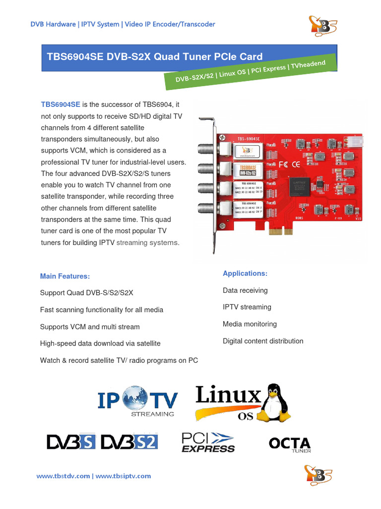 Tbs6904se dvb-s2x Quad Tuner Pci-E Card Data Sheet | PDF | Film And Video Technology | Video