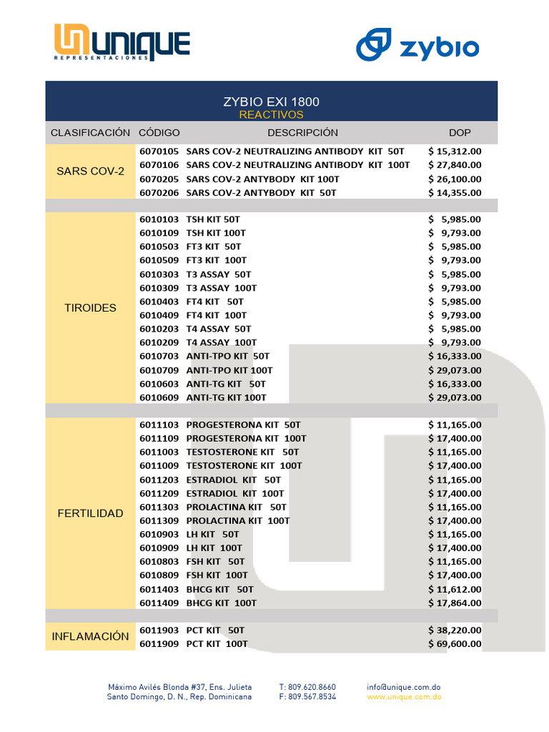 Lista de Precios ZYBIO EXI 1800 | PDF | Hormona luteinizante | Sistema reproductivo