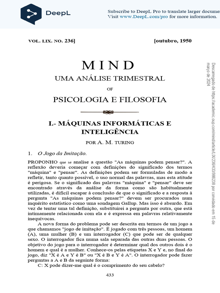 Computing Machinery and Intelligence PT BR | PDF | Pensamento | Método ...