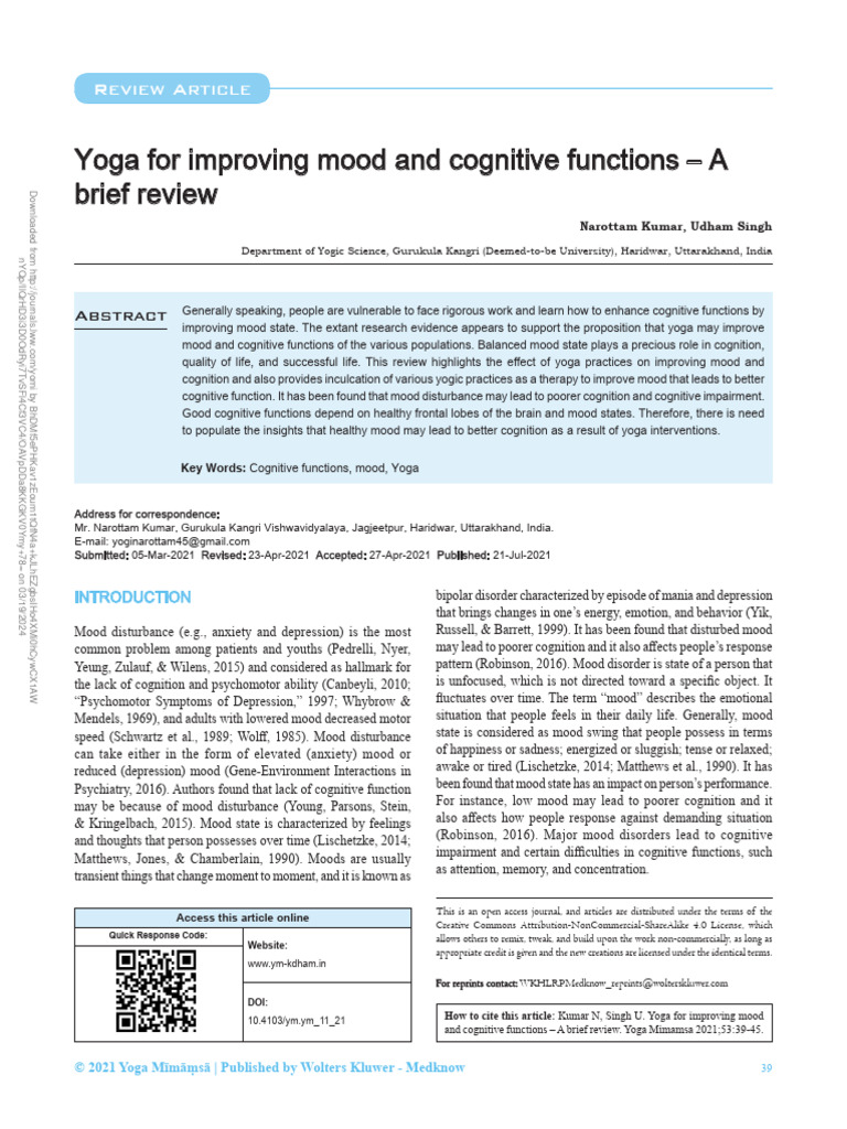 Yoga For Improving Mood and Cognitive Functions .8 | PDF | Mood Disorders | Major Depressive ...