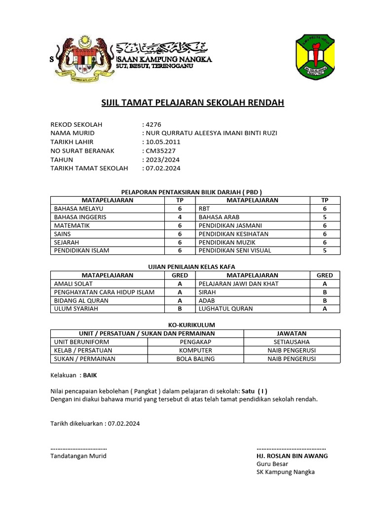 Sijil Tamat Sekolah SKKN 2023 | PDF