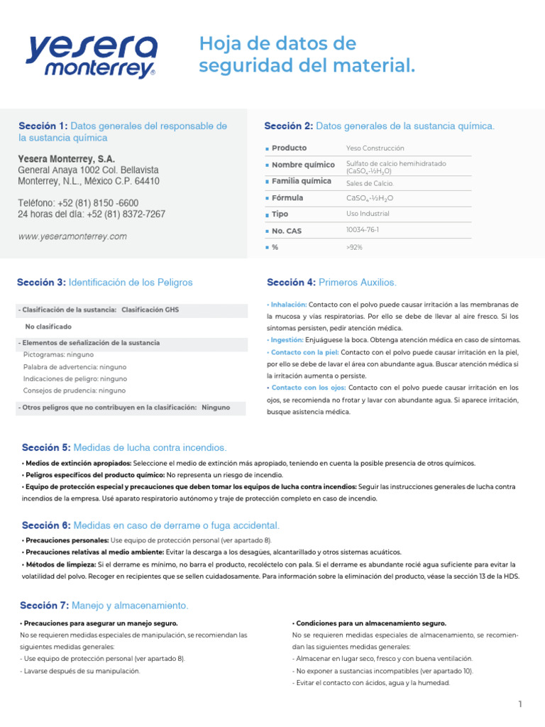 Hoja de Seguridad Yeso | PDF | Toxicidad | Agua