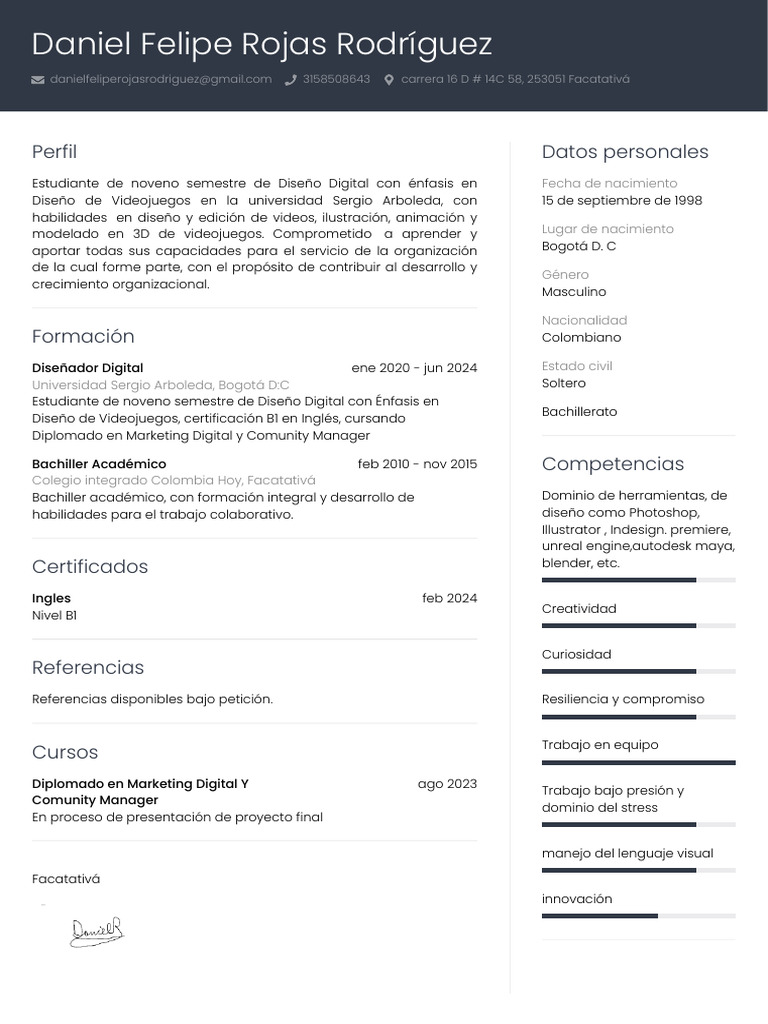 Hoja de Vida Daniel Felipe Rojas Rodríguez | PDF