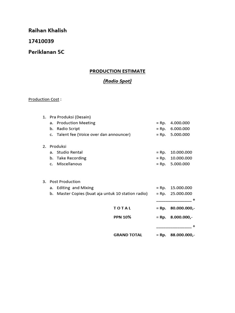 Production Estimate Radio Spot | PDF